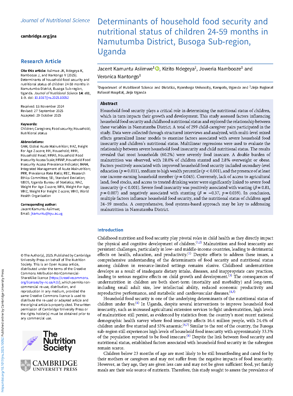 Determinants of household food security and nutritional status of ...